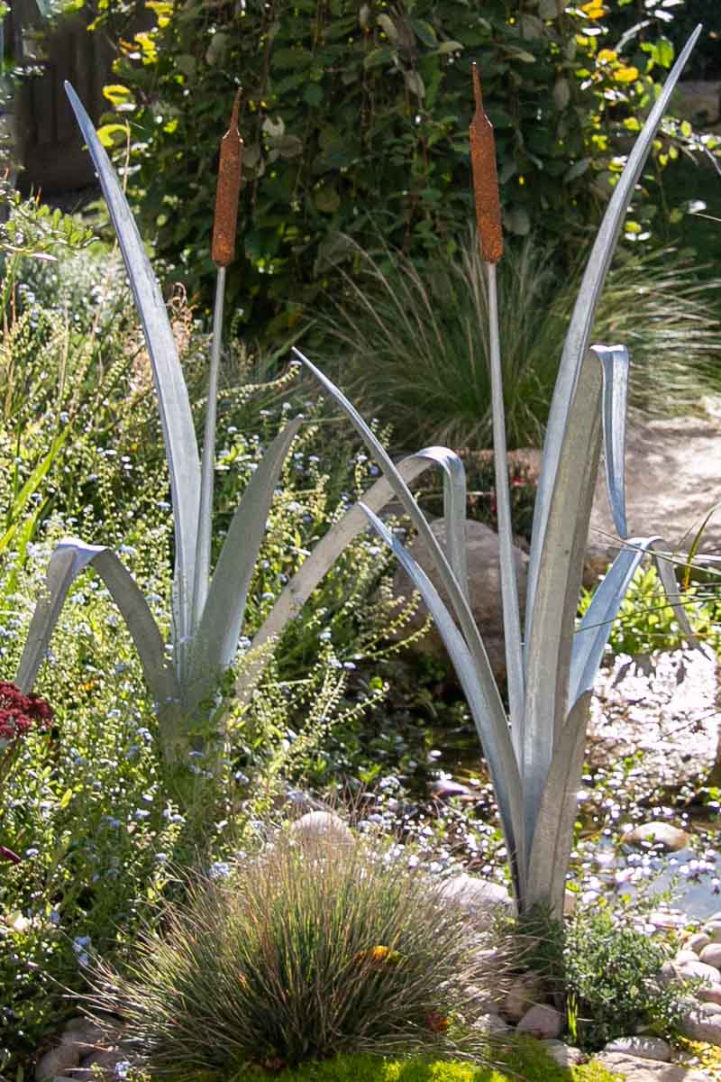Galvanised and Rusty Steel Bullrush Sculpture and Railings