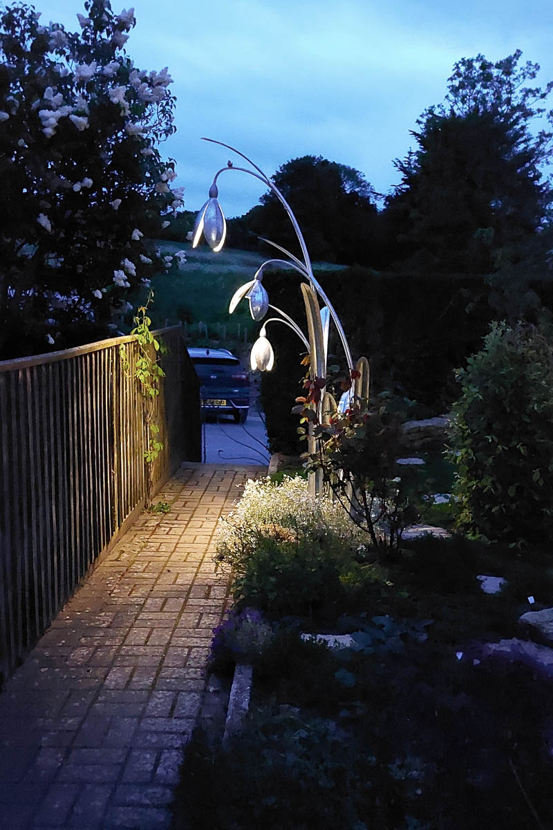 Snowdrop Sculpture and Lights in Country Cottage Garden